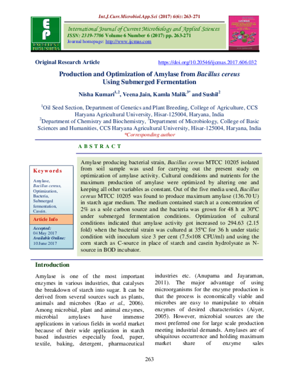 (PDF) Production and Optimization of Amylase from Bacillus cereus Using Submerged Fermentation