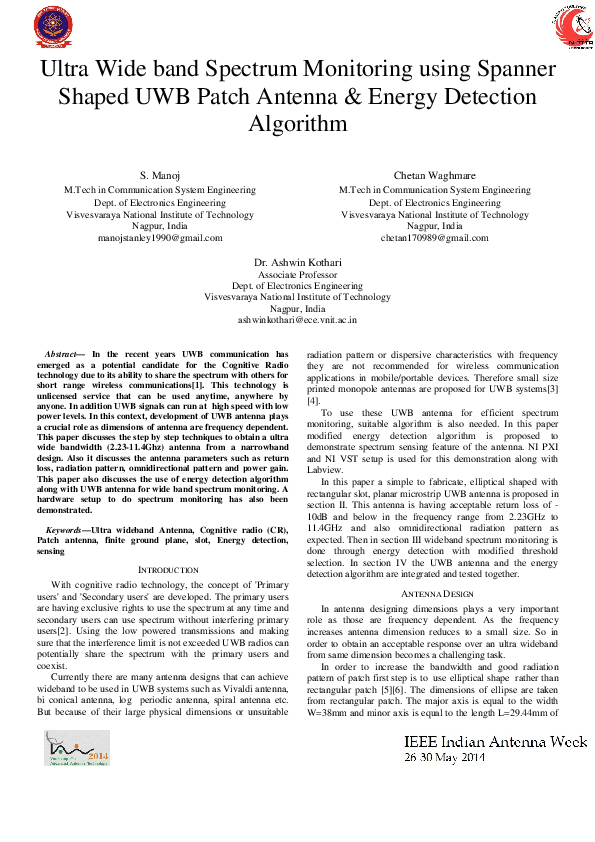 (PDF) Ultra Wide band Spectrum Monitoring using Spanner Shaped UWB Patch Antenna & Energy ...