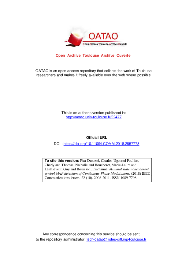 Pdf Minimal State Non Coherent Symbol Map Detection Of Continuous Phase Modulations