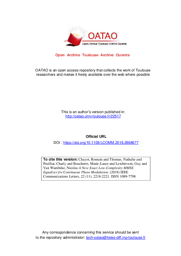 (PDF) A New Exact Low-Complexity MMSE Equalizer for Continuous Phase Modulation