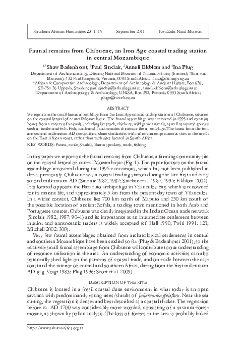 (PDF) Faunal remains from Chibuene, an Iron Age coastal trading station ...