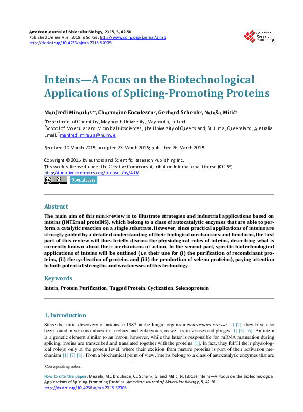 (PDF) Inteins—A Focus on the Biotechnological Applications of Splicing ...