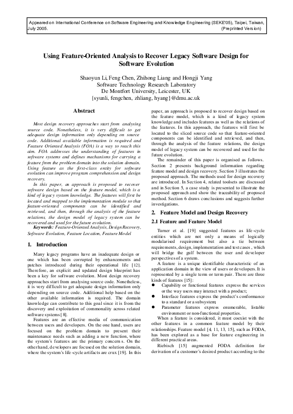 (PDF) Using Feature-Oriented Analysis to Recover Legacy Software Design ...
