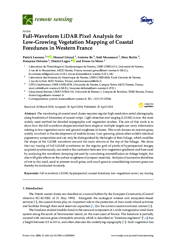 (PDF) Full-Waveform LiDAR Pixel Analysis for Low-Growing Vegetation Mapping of Coastal Foredunes ...