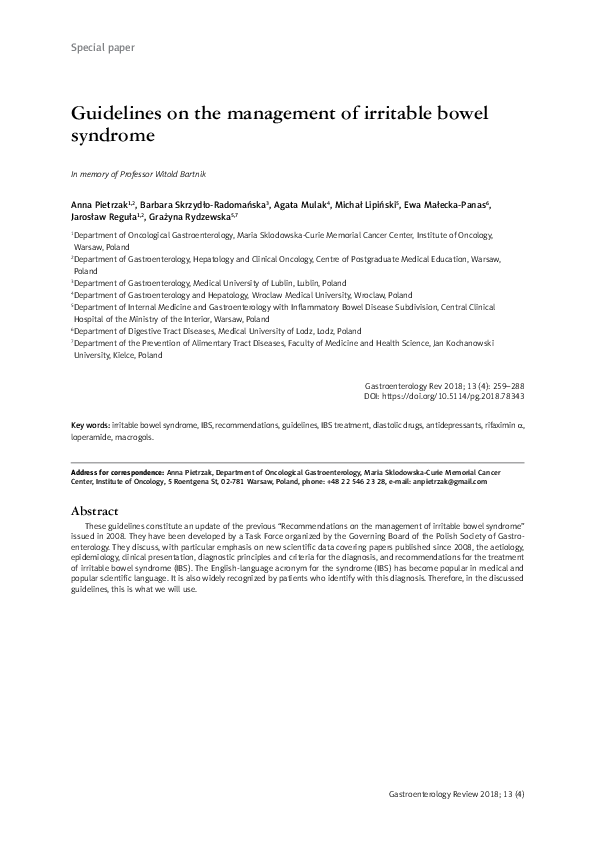 (PDF) Guidelines on the management of irritable bowel syndrome