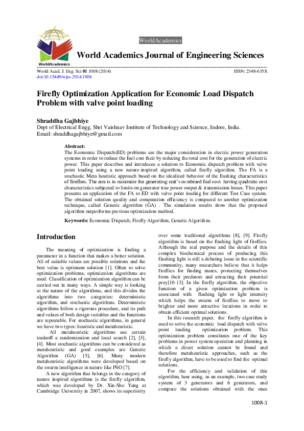 (PDF) Firefly Optimization Application for Economic Load Dispatch Problem with valve point loading