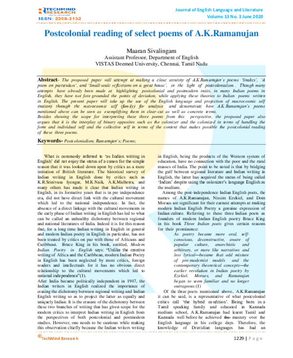 (PDF) Postcolonial reading of select poems of A.K.Ramanujan