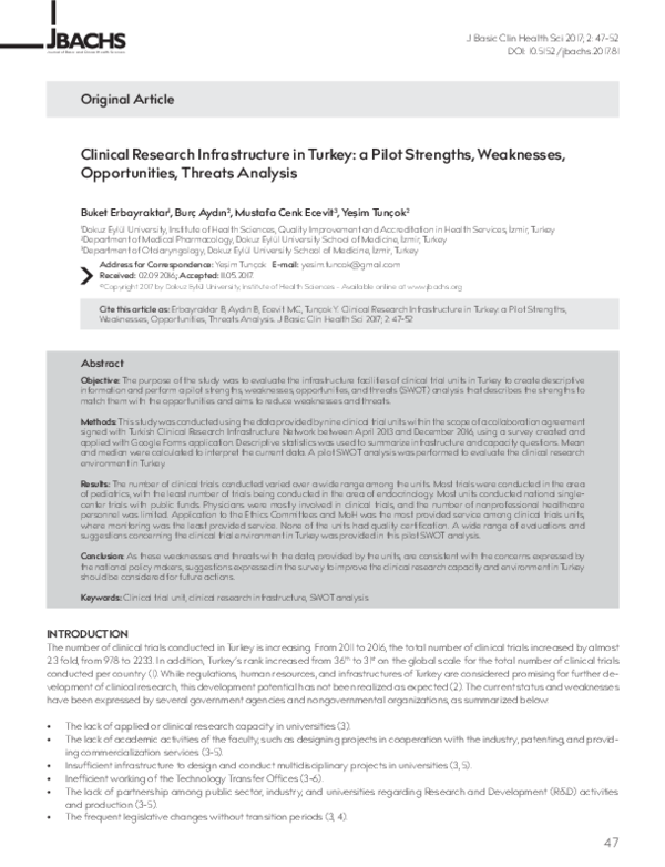 (PDF) Clinical Research Infrastructure in Turkey: a Pilot Strengths ...