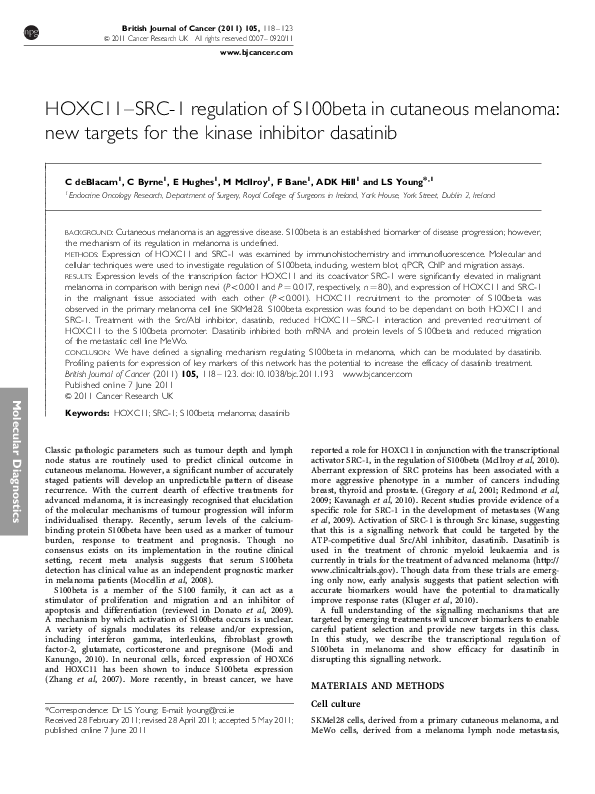 (PDF) HOXC11-SRC-1 regulation of S100beta in cutaneous melanoma: new ...