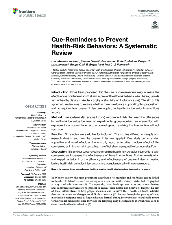 (PDF) Cue-Reminders to Prevent Health-Risk Behaviors: A Systematic Review