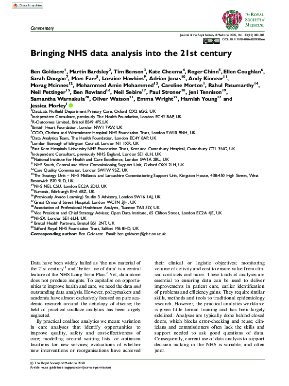 (PDF) Bringing NHS data analysis into the 21st century | Paul Stroner ...