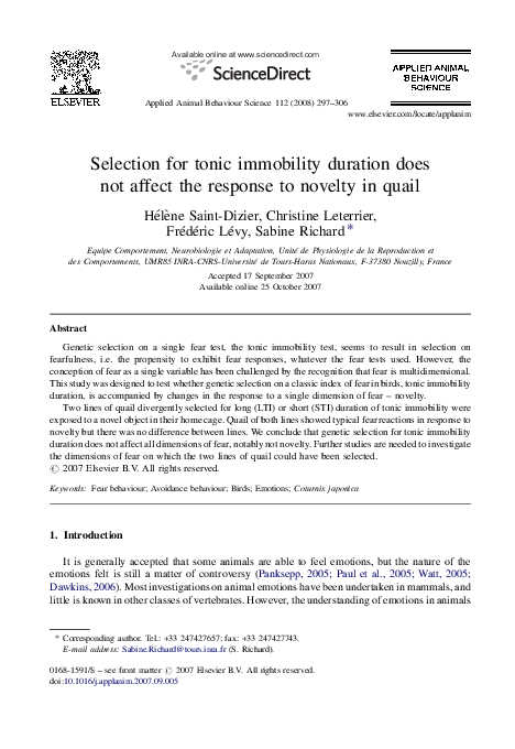 (PDF) Selection for tonic immobility duration does not affect the ...