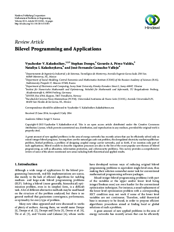 (PDF) Bilevel Programming and Applications