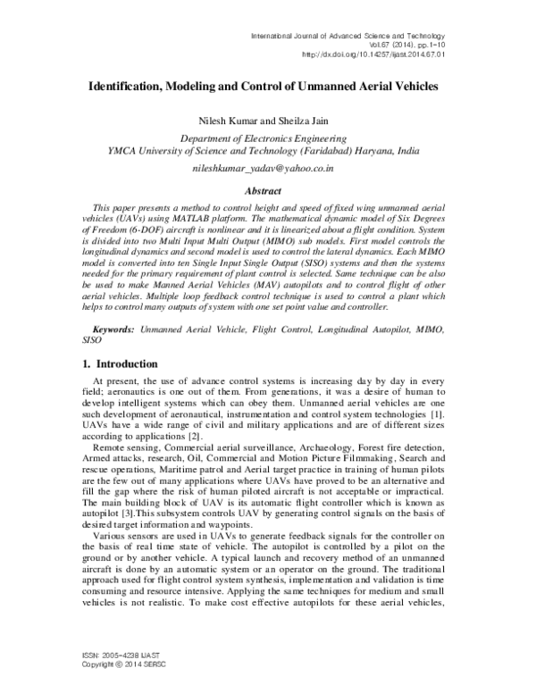 (PDF) Identification, Modeling and Control of Unmanned Aerial Vehicles