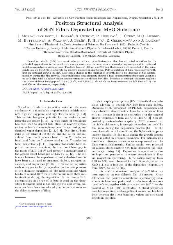 (PDF) Positron Structural Analysis of ScN Films Deposited on MgO Substrate