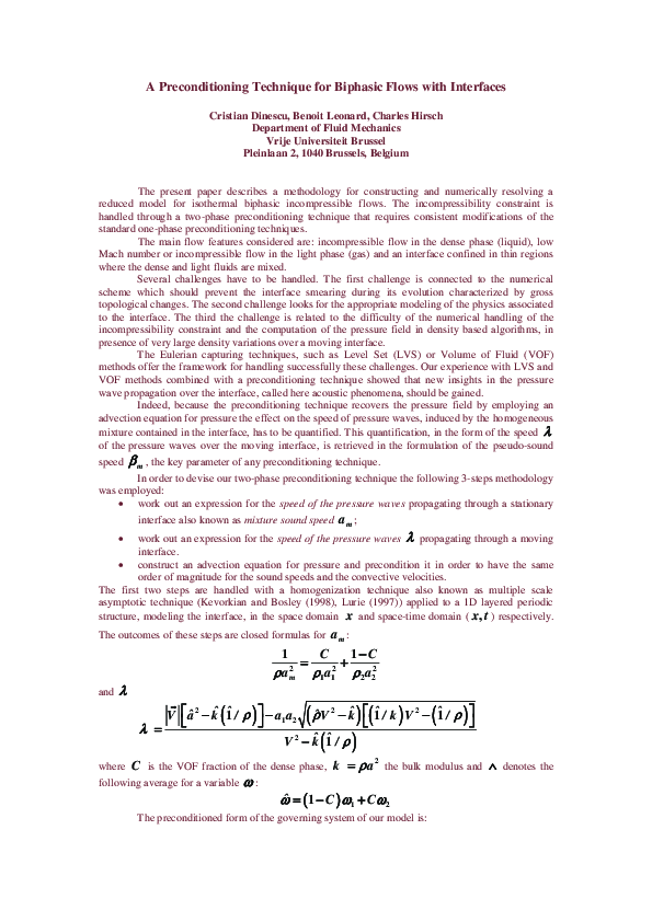(PDF) A Preconditioning Technique for Biphasic Flows with Interfaces