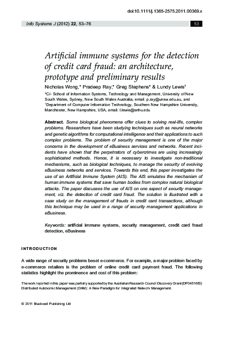 (PDF) Artificial immune systems for the detection of credit card fraud: an architecture ...