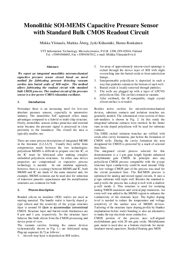 (PDF) Monolithic SOI-MEMS capacitive pressure sensor with standard bulk CMOS readout circuit