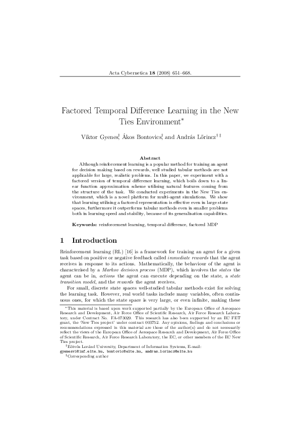 (PDF) Factored temporal difference learning in the New Ties environment