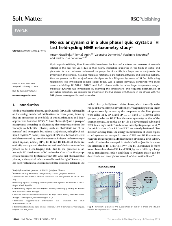 (PDF) Molecular dynamics in a blue phase liquid crystal: a 1H fast ...