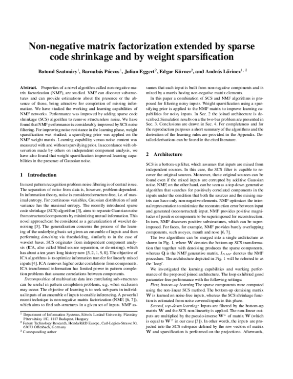 Pdf Non Negative Matrix Factorization Extended By Sparse Code Shrinkage And Weight