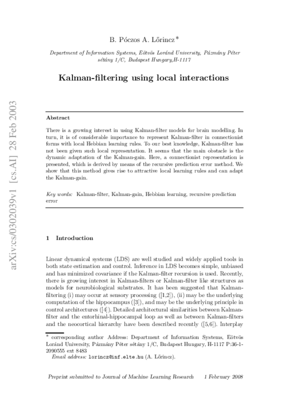 (PDF) Local Hebbian Learning for Kalman Filtering