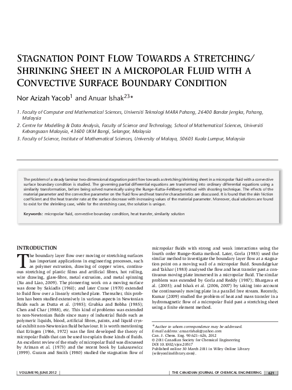 (PDF) Stagnation point flow towards a stretching/shrinking sheet in a ...