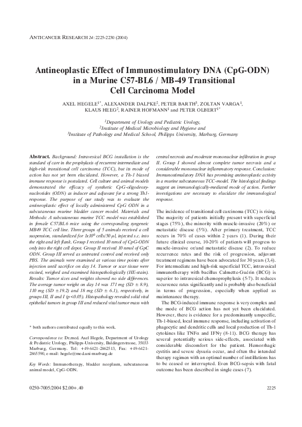 (PDF) Antineoplastic effect of immunostimulatory DNA (CpG-ODN) in a ...
