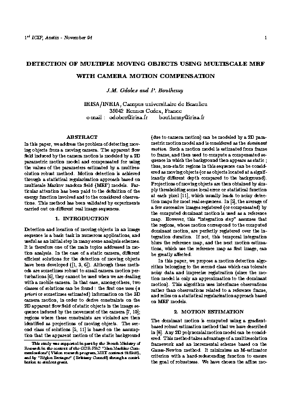 (PDF) Detection of multiple moving objects using multiscale MRF with camera motion compensation