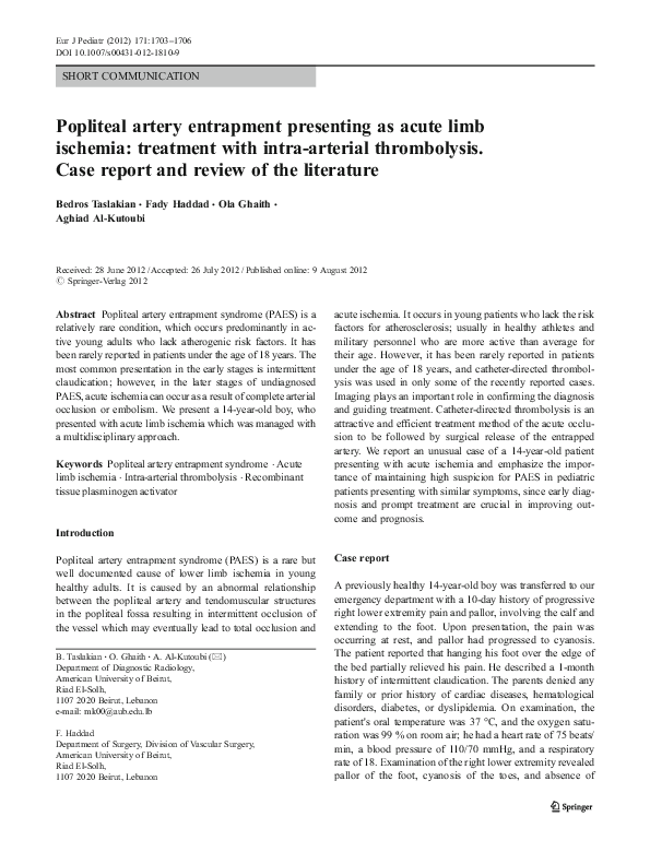 (PDF) Popliteal artery entrapment presenting as acute limb ischemia: treatment with intra ...
