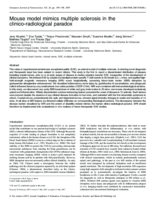 (PDF) Mouse model mimics multiple sclerosis in the clinico-radiological ...