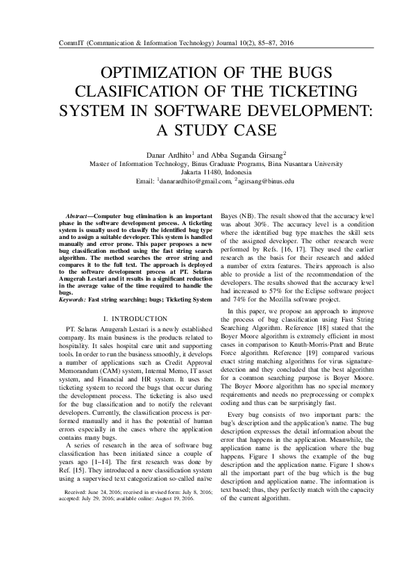 (PDF) Optimization of the Bugs Classification of the Ticketing System in Software Development: a ...