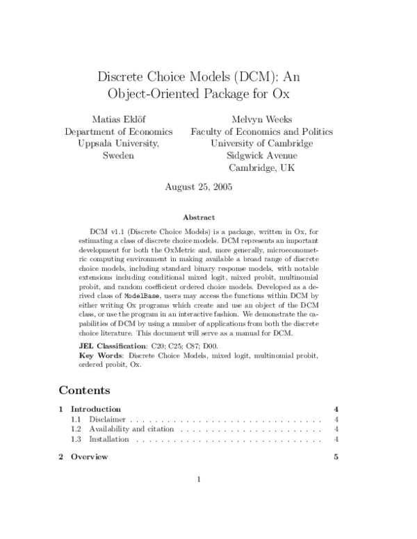 Pdf Discrete Choice Models Dcm An Object Oriented Package For Ox Melvyn Weeks 