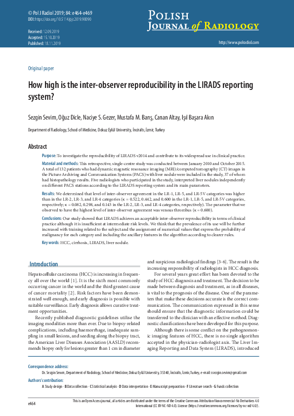 (PDF) How high is the inter-observer reproducibility in the LIRADS ...
