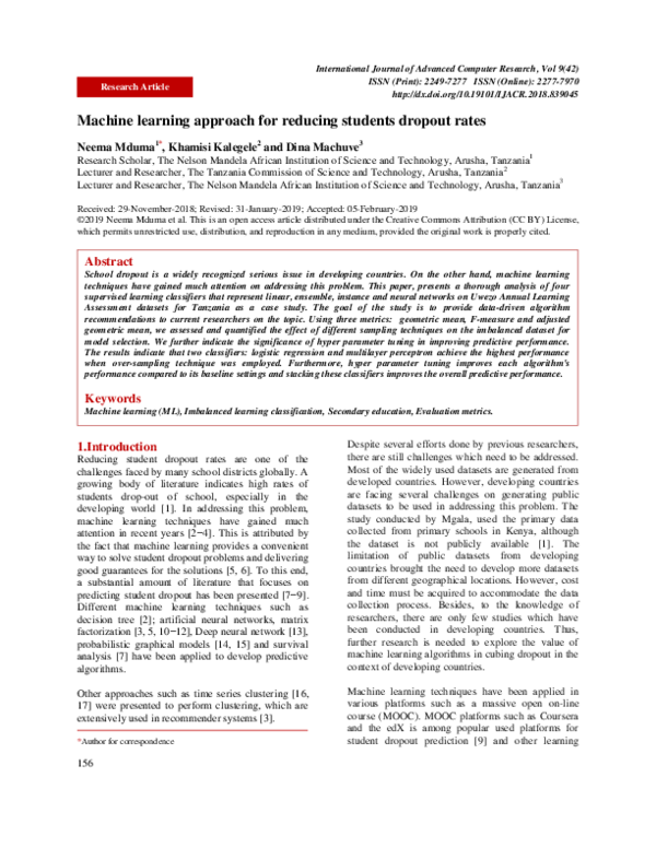 (PDF) Machine learning approach for reducing students dropout rates