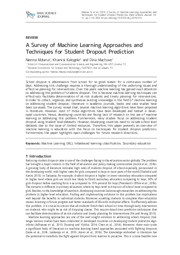 (PDF) A Survey of Machine Learning Approaches and Techniques for Student Dropout Prediction