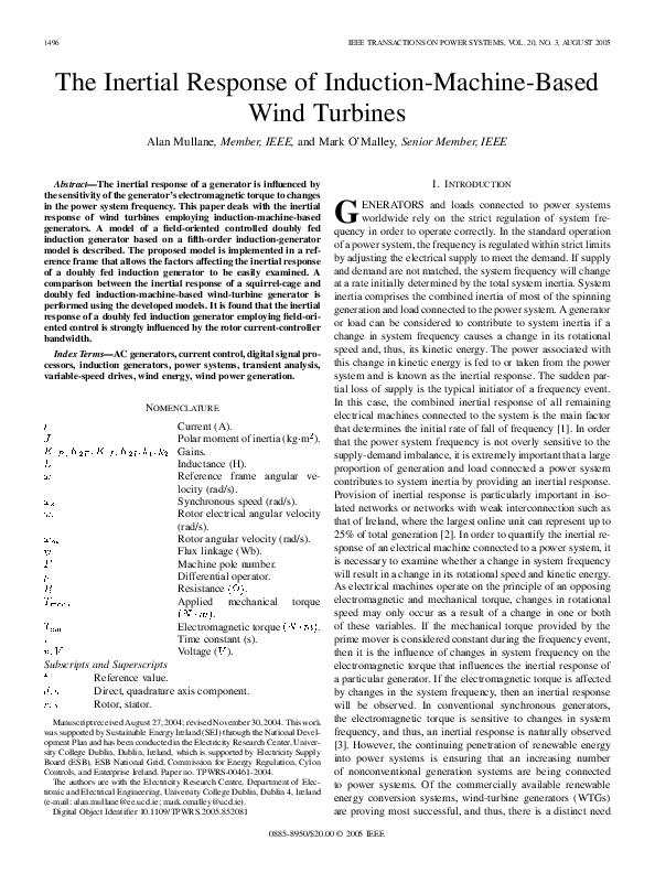 Pdf The Inertial Response Of Induction Machine Based Wind Turbines