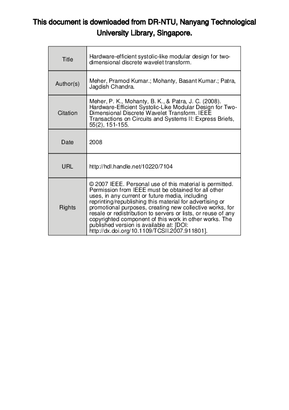 Pdf Hardware Efficient Systolic Like Modular Design For Two Dimensional Discrete Wavelet Transform