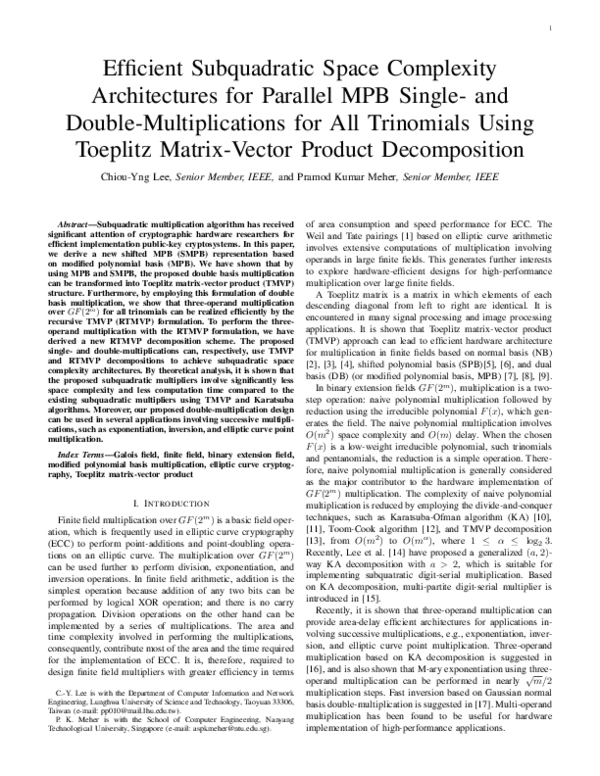 Pdf Efficient Subquadratic Space Complexity Architectures For