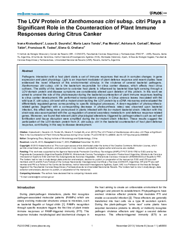 (PDF) The LOV Protein of Xanthomonas citri subsp citri Plays a ...