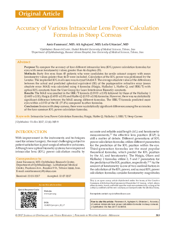 (PDF) Accuracy of various intraocular lens power calculation formulas ...