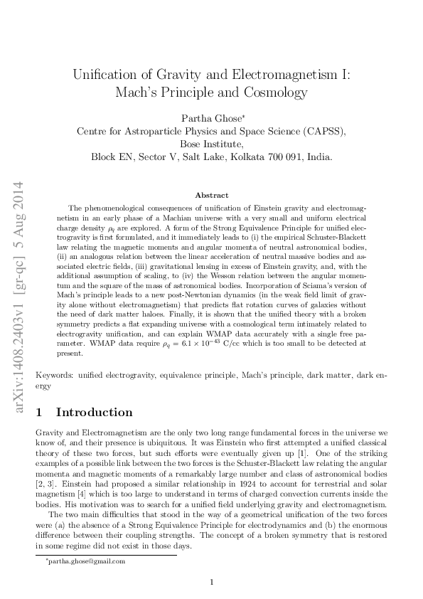 (PDF) Unification of Gravity and Electromagnetism I: Mach's Principle ...