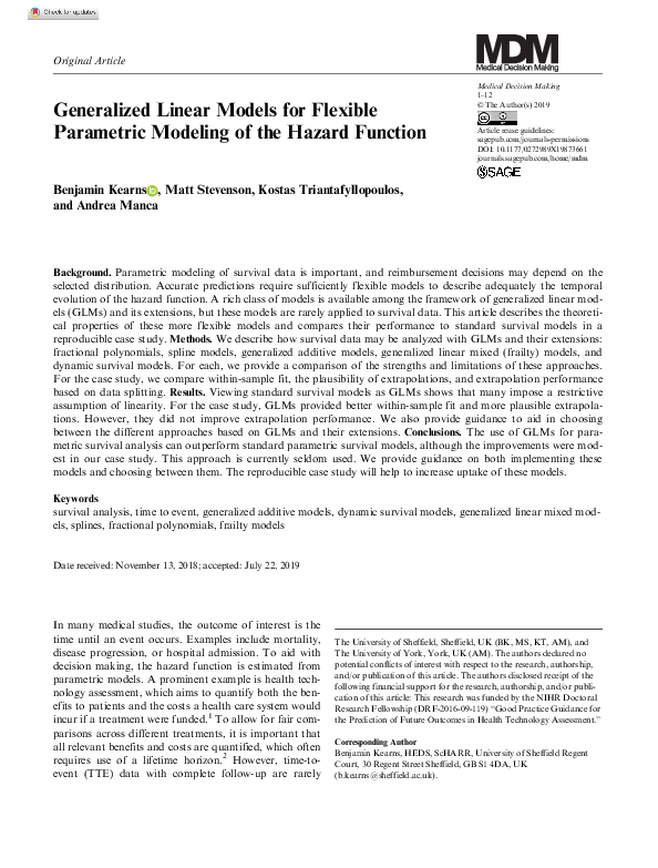 (PDF) Generalized Linear Models for Flexible Parametric Modeling of the Hazard Function
