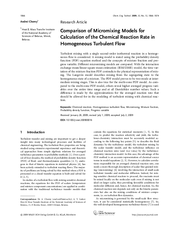 (PDF) Comparison of Micromixing Models for Calculation of the Chemical Reaction Rate in ...