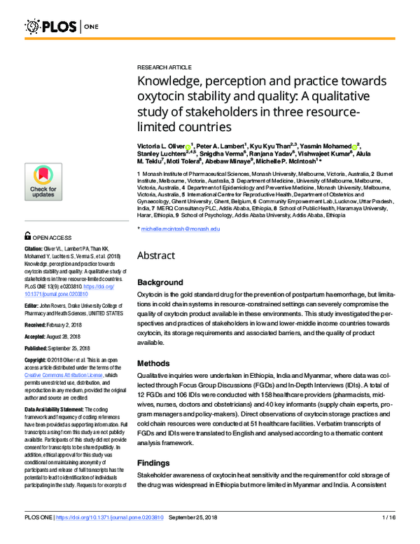 (PDF) Knowledge, perception and practice towards oxytocin stability and quality: A qualitative ...