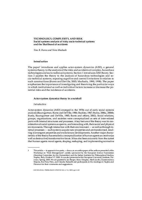 (PDF) TECHNOLOGY, COMPLEXITY, AND RISK, Part I: Social systems analysis of risky socio-technical ...