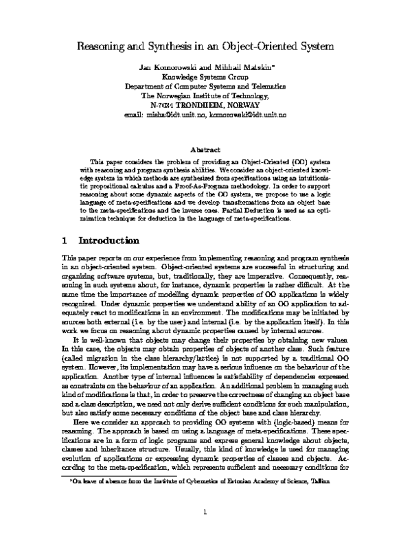 (PDF) Reasoning and Synthesis in an Object-Oriented System