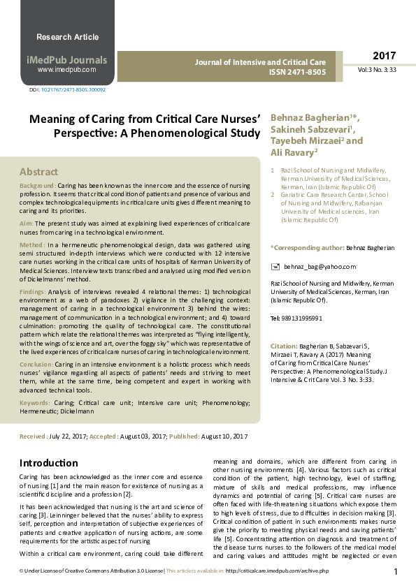 (PDF) Meaning of Caring from Critical Care Nurses Perspective: A ...