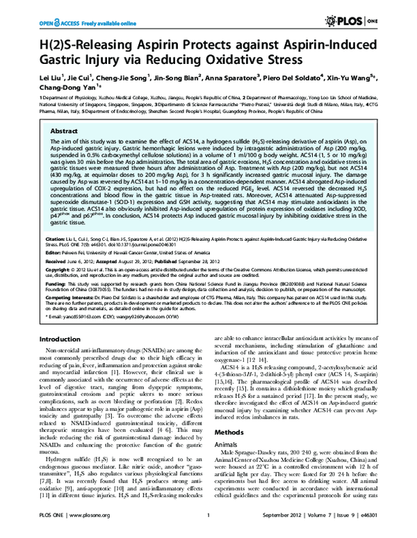 (PDF) H(2)S-releasing aspirin protects against aspirin-induced gastric ...