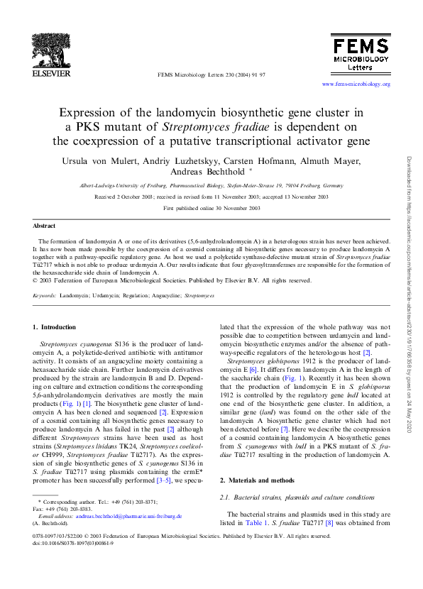 (PDF) Expression of the landomycin biosynthetic gene cluster in a PKS ...